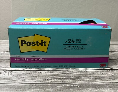 3M Post it Super Sticky Notes Cabinet Pack, 3" x 3", Neon Colors, 24 ...