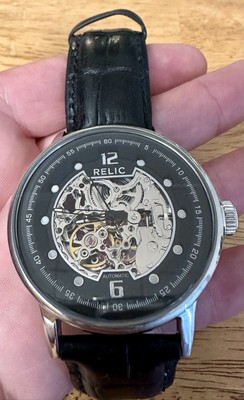 Relic by Fossil Men’s Automatic Skeleton Dial Leather 43mm Steel Watch ...