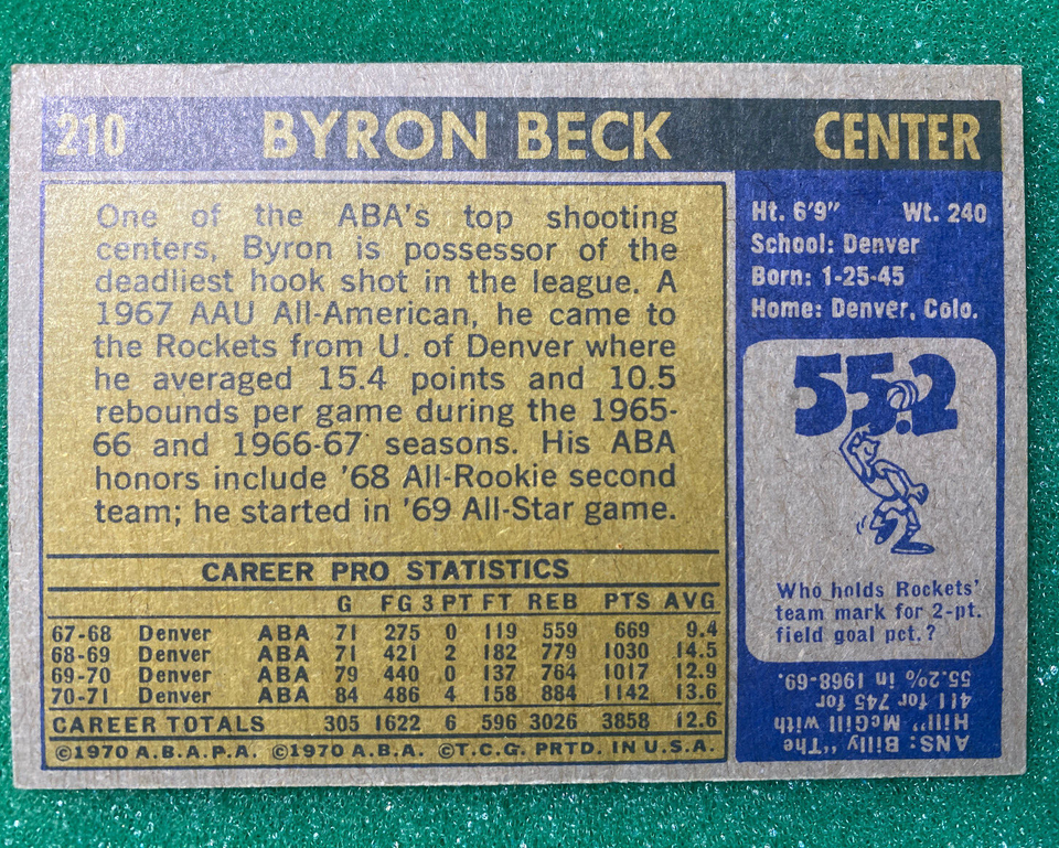 1971 Topps Basketball #210 Byron Beck - Denver Rockets - ABA - | eBay