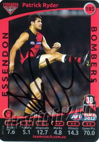 Signed 2012 ESSENDON BOMBERS AFL Card PATRICK RYDER | eBay Australia