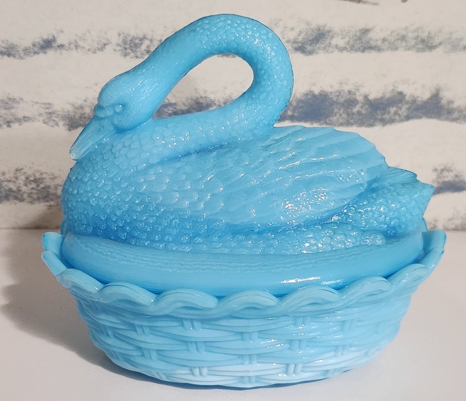 Westmoreland Blue Milk Slag Glass Swan Nesting Dish 5" x 4" | eBay