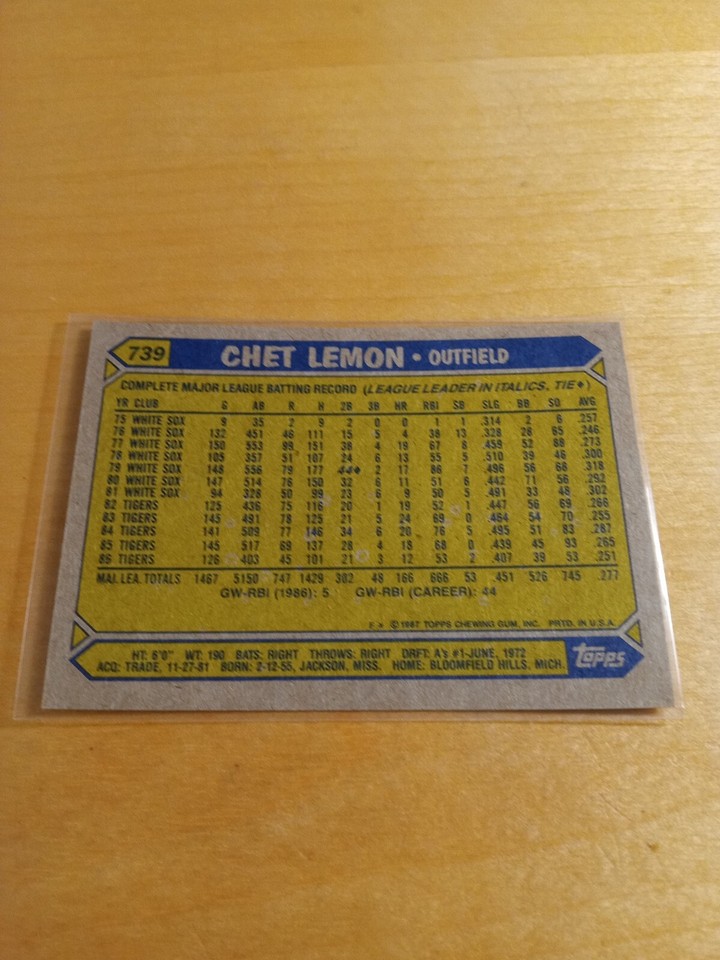1987 Topps #739 CHET LEMON Detroit Tigers Baseball Card, Outfielder ...