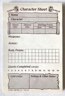 Hero Quest 1990 - Character Sheet Pad - 70 Sheets Milton Bradly ...
