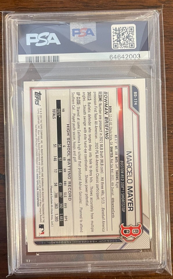 PSA 10 MARCELO MAYER 1st 2021 Bowman Draft Paper Red Sox Rookie Card RC ...