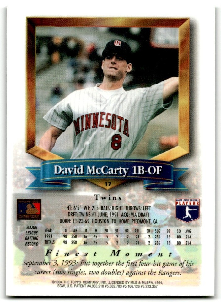 1994 Topps Finest David McCarty Minnesota Twins #17 | eBay