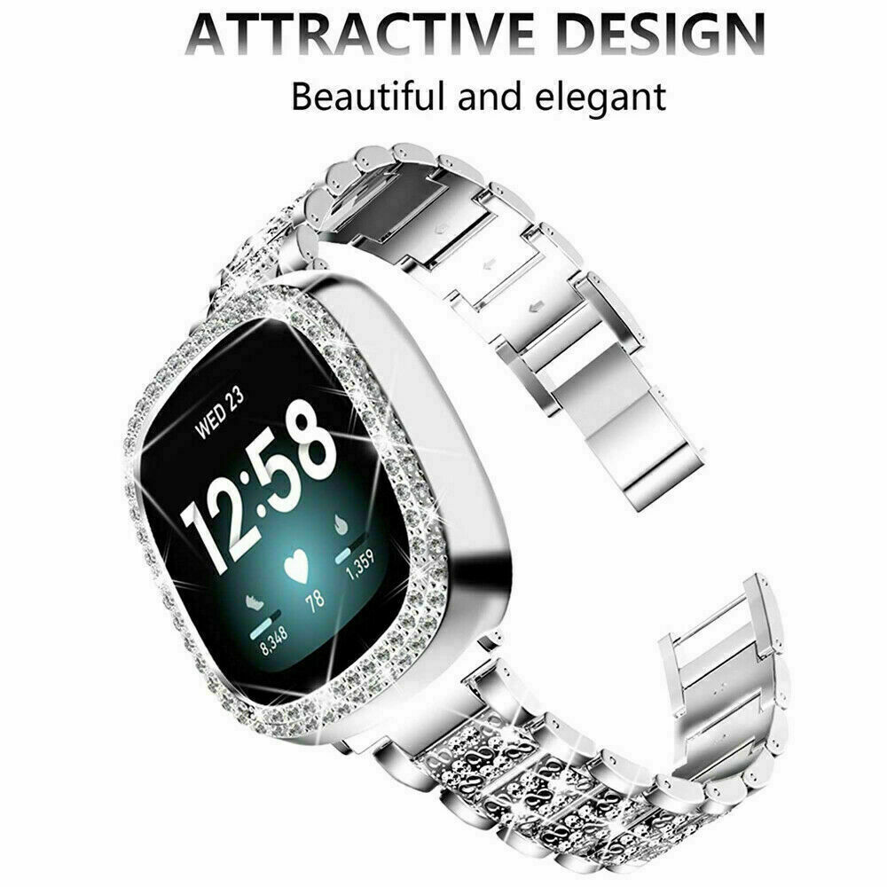 Bling Stainless Steel Watch Band+Diamond Case For Fitbit Versa 2/3/4 ...