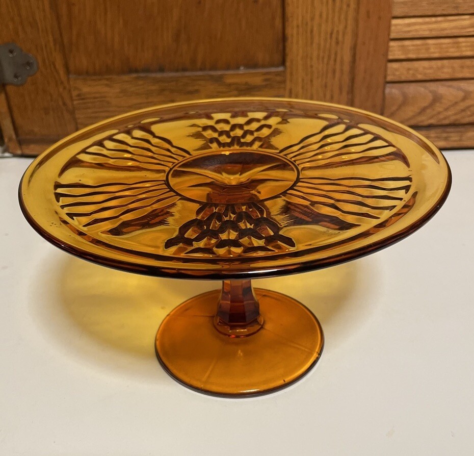 Vintage Indiana Glass Amber Cake Plate Stand Mount Vernon Footed 8 ...