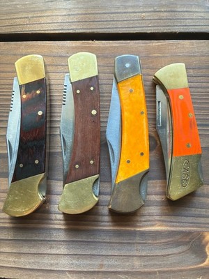 4 Vintage Pocket Hunting Knives Lot + 1 Leather Sheath Case, KA-BAR ...