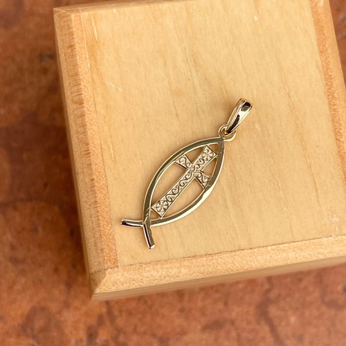 14KT Yellow Gold Fish Ichthus Cross Swirl Vertical Design Pendant Charm ...