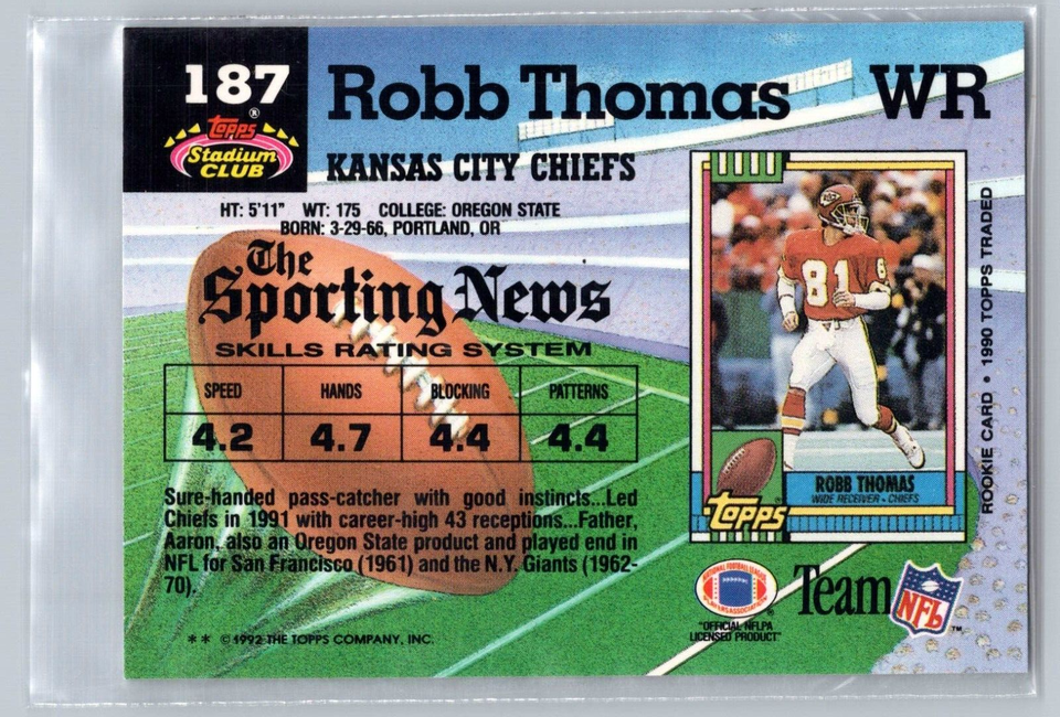 1992 TOPPS STADIUM CLUB CARD # 187 Robb Thomas - Kansas City Chiefs | eBay