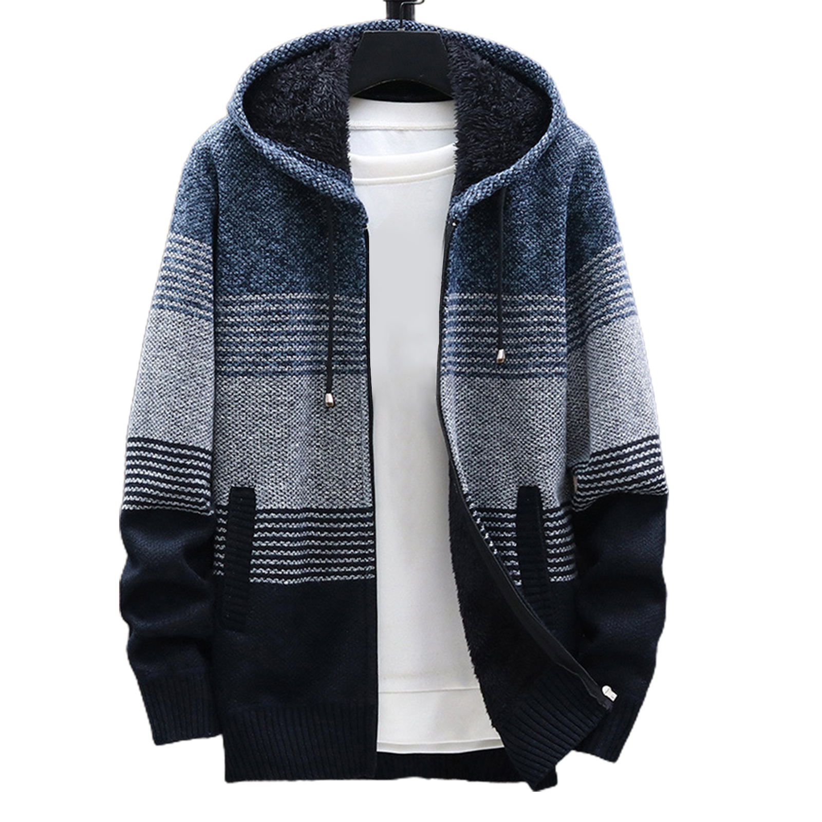 Winter Sweater Plush Knitted Color Block Zipper Warm Knitted Coat ...