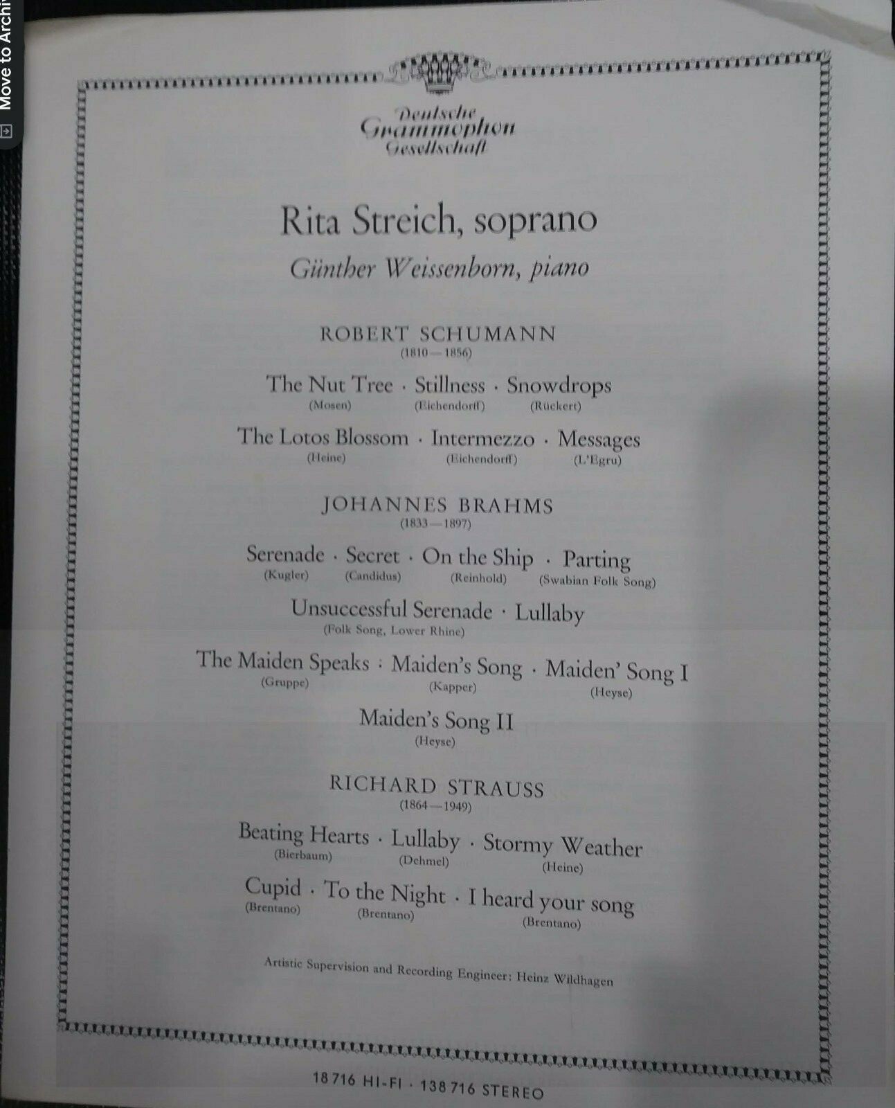 Rita Streich: Songs by Brahms, Schumann & Richard Strauss DGG-LPM 18716 ...