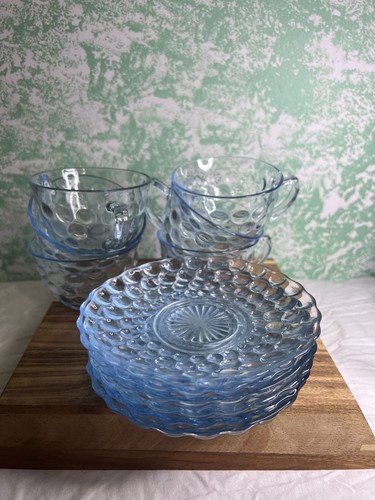 Vintage Anchor Hocking Blue Bubble Glass Cups and Saucers Set of 6 | eBay