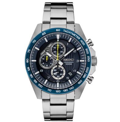 New Seiko Men's Blue Dial Silver Tone Stainless Steel Chronograph Watch ...