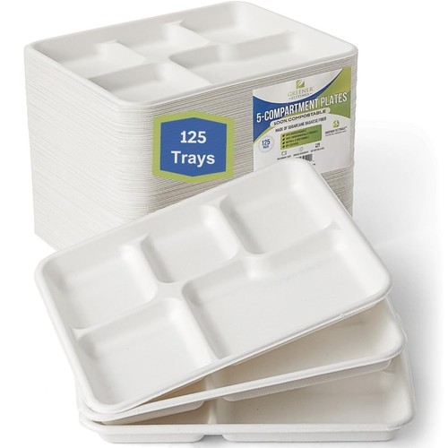 100% Compostable 5 Compartment Paper Plates - Smaller Tray 10.25 x 8.25 ...