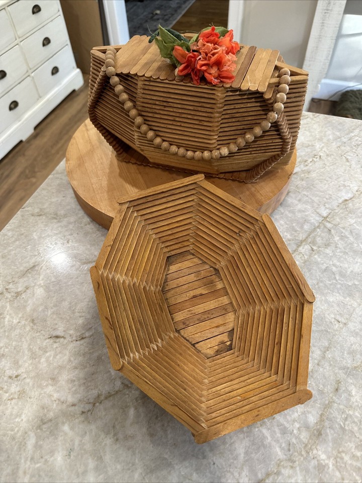 VINTAGE HAND MADE WOOD POPSICLE PURSE BAG W WOOD BEAD HANDLE & Bowl | eBay