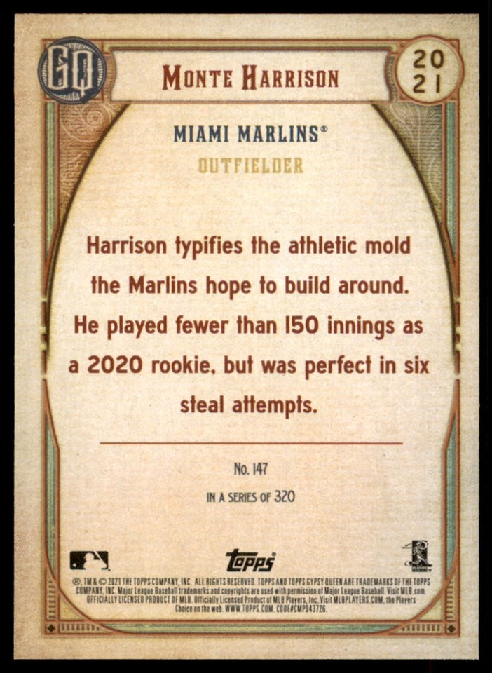 Monte Harrison 2021 Topps Gypsy Queen Rookie Card RC #147 Miami Marlins ...