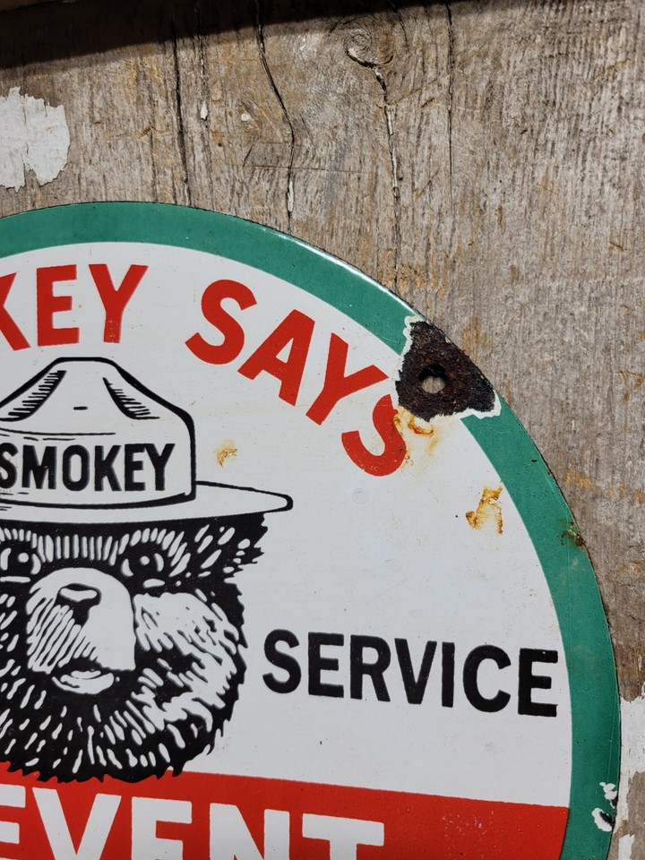 VINTAGE SMOKEY THE BEAR PORCELAIN SIGN OLD FOREST SERVICE PREVENT FIRES ...