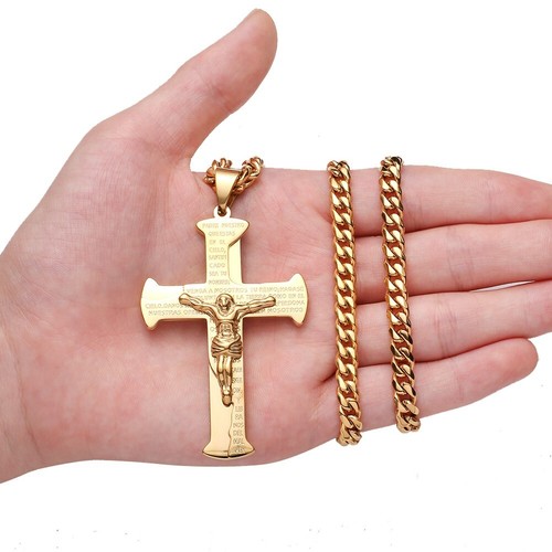 Men Gold Stainless Steel Jesus Bible Cross Pendant Necklace Cuban Chain ...