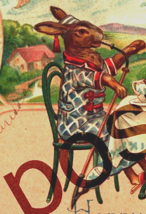 1908 "Happy Easter to you" rabbit in pajamas smoking egg in pipe ...