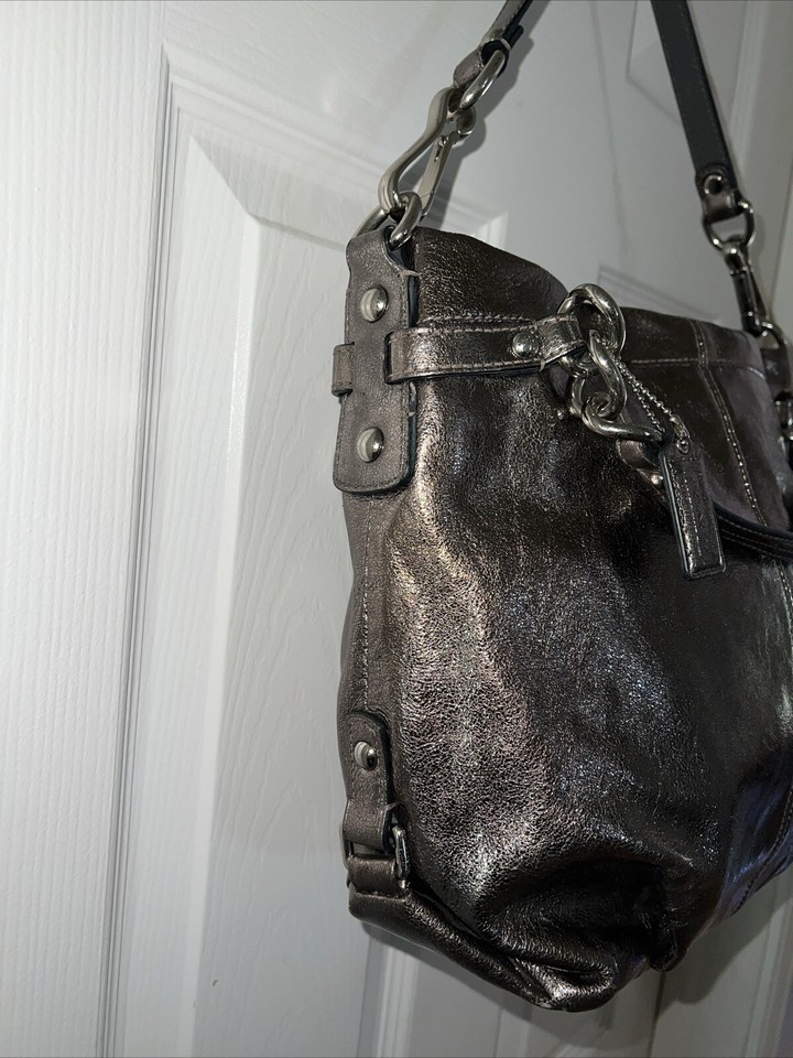 COACH Brooke Handbag Leather Pewter Silver Metallic Hobo Bag Purse ...