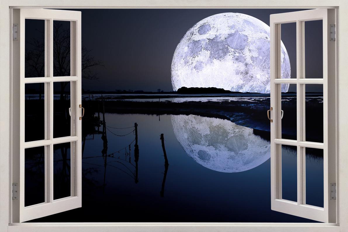 Full Moon Over River 3D Window View Decal WALL STICKER Decor Art DIY ...