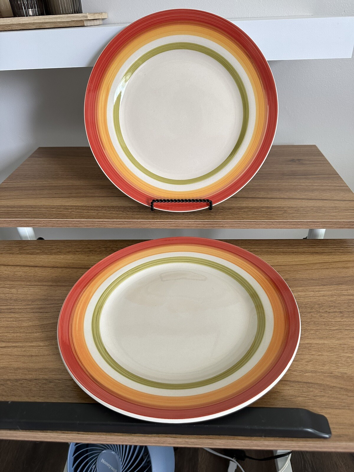 Royal Norfolk Red Yellow Orange Green Striped Rim Dinner Plates 11" Set ...