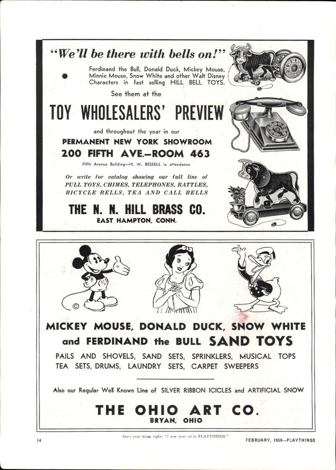 1939 PAPER AD Toy Creations Doll Game Ferdinand Bull Donald Duck Mickey ...