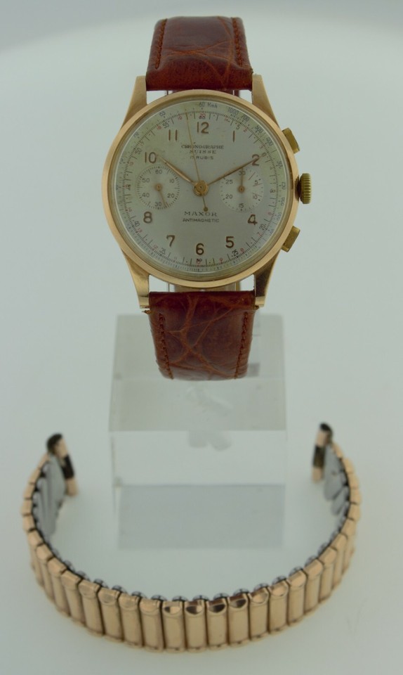 Vintage Chronographe Suisse Maxor 18k Rose Gold Landeron 48 Men's Watch ...