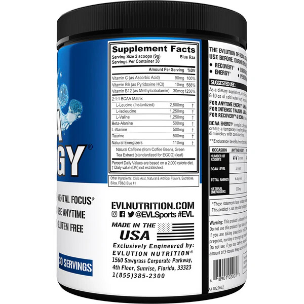 EVL BCAA Energy Pre Workout, Performance Enhancer w/ 5g of Amino Acids ...