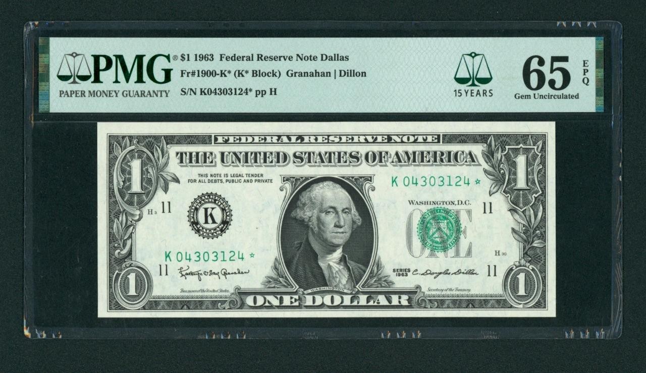 ** STAR ** $1 1963 Federal Reserve Note ** PAPER CURRENCY ((PMG - 65 ...