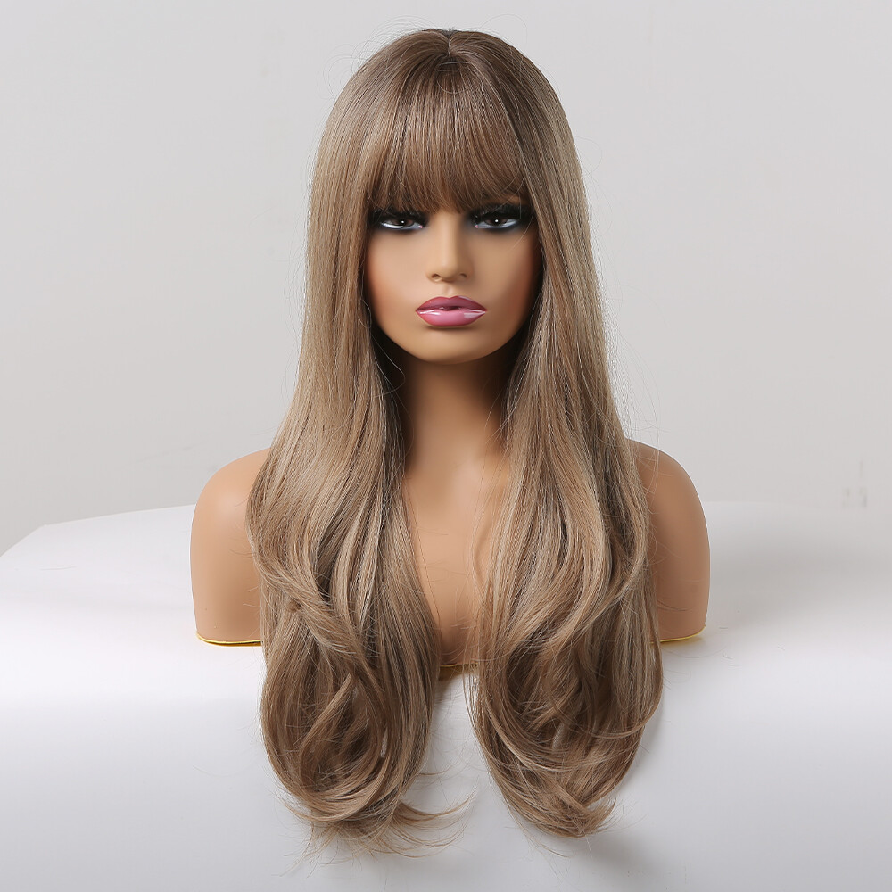 Natural Coffee Brown Hair Wigs with Bangs for Women 26 Inch Long Body ...