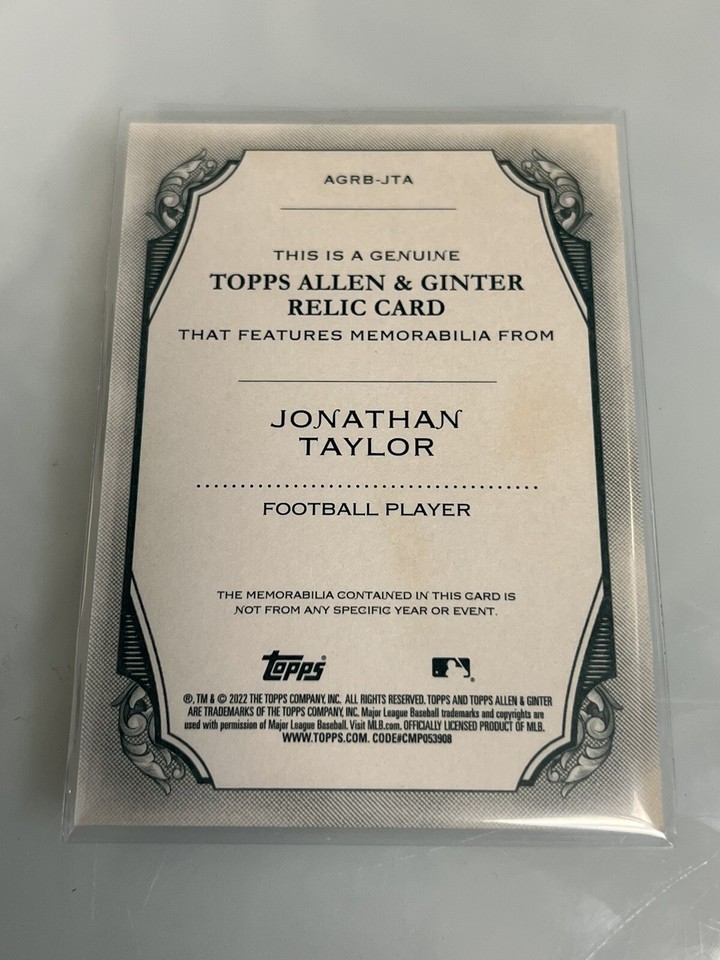 2022 Topps Allen & Ginter Relic Card Jonathan Taylor Colts RB #AGRB-JTA ...