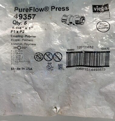 5 Pack Viega 49357 PureFlow Press Polymer Coupling 1-1/4" x 1" P1 x P2 ...
