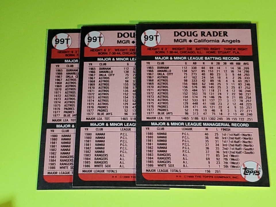 1989 Topps Traded #99T Doug Rader California Angels Lot x 3 Manager MGR ...