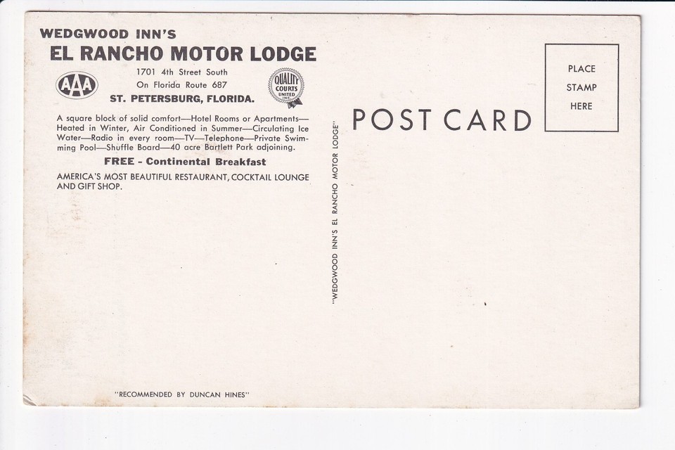 Vintage Postcard Wedgwood Inn El Rancho Motor Lodge St. Petersburg ...