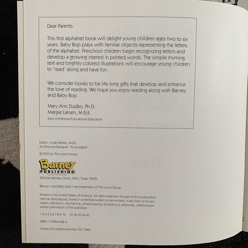 Baby Bop’s ABC Book Vintage Barney 1993 Picture Book With Sell Sheet | eBay