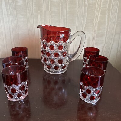 Vtg EAPG Ruby Red Flashed Block #250 Pitcher W/ 6 Glasses | eBay