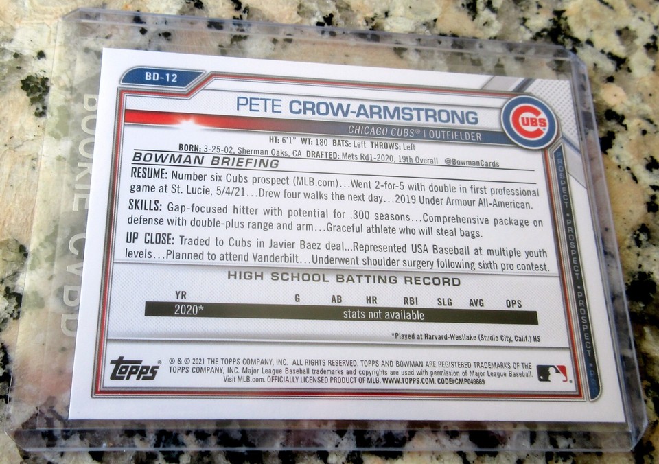 PETE CROW ARMSTRONG PCA Bowman Topps #1 Draft Pick Rookie Card RC Grand ...