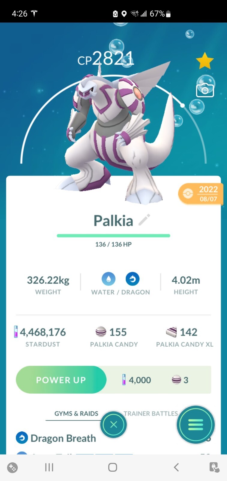 Pokemon Level 40 Palkia With 2nd Move VERY RARE/POWERFUL GO | eBay
