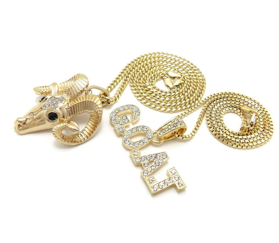 Hip Hop Iced Gold Plated GOAT Pendant & Box Cuban Chain 2 Bling ...