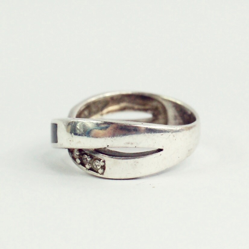 Sterling Silver Onyx Inlay And Clear CZ Crossover Band Ring Size 6 | eBay