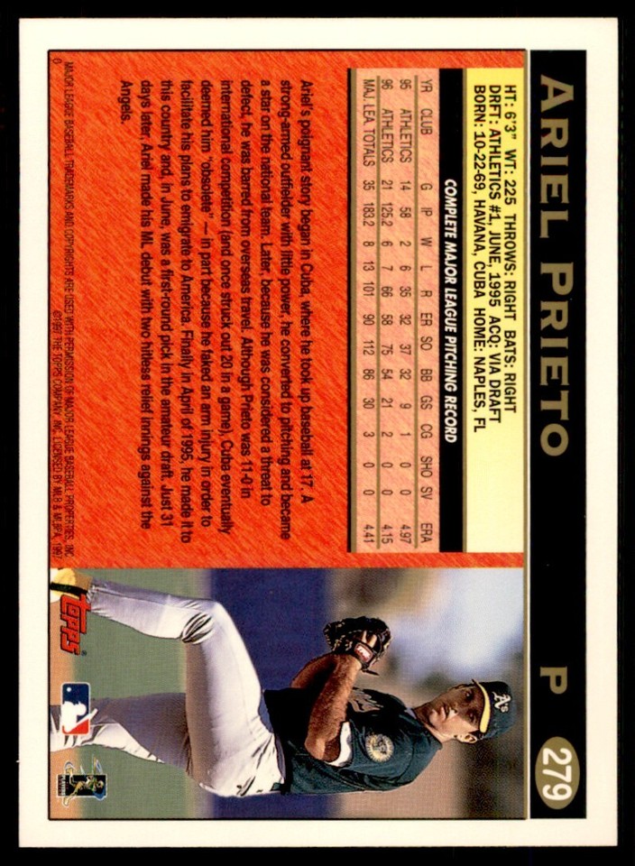 1997 Topps Ariel Prieto Baseball Card Oakland Athletics #279 | eBay