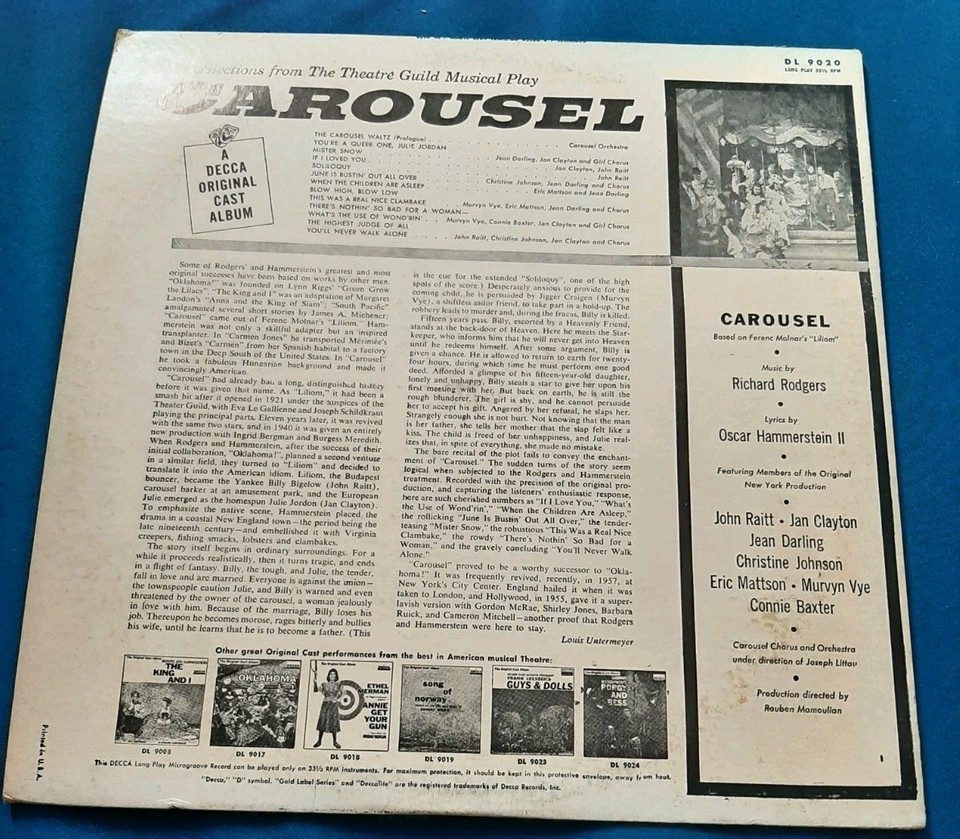 Carousel Original Cast Album LP Decca DL 9020 vg | eBay