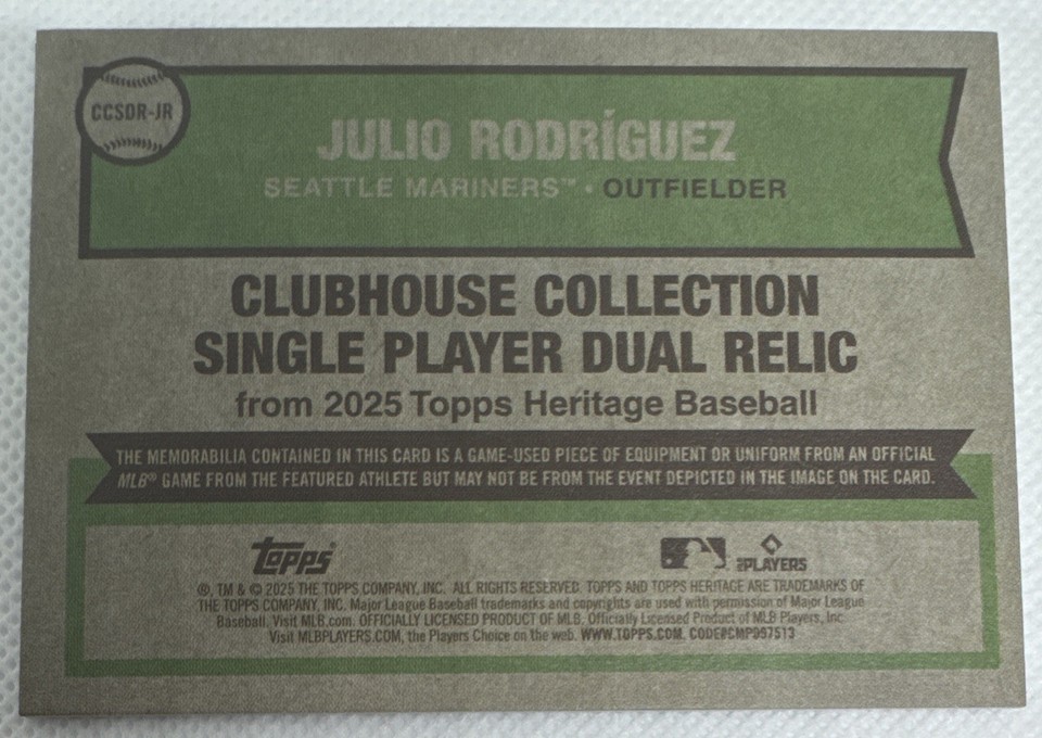 2025 Topps Heritage 1976 Dual Relic Julio Rodriguez Mariners Patch CCR ...
