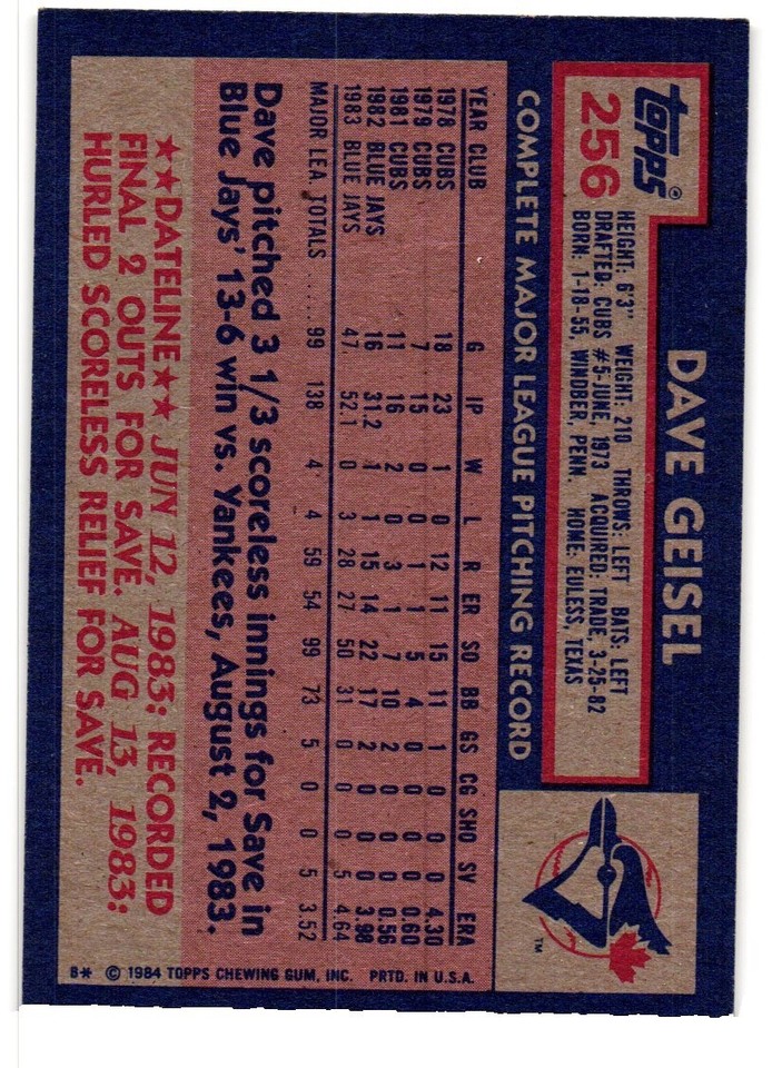 1984 Topps Dave Geisel, #256, Toronto Blue Jays | eBay