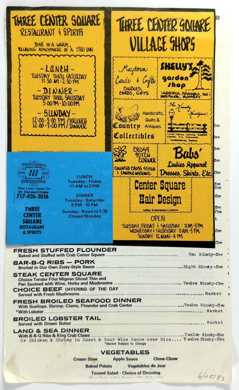 1983 Original Vintage Menu THREE CENTER SQUARE Inn Village Maytown ...