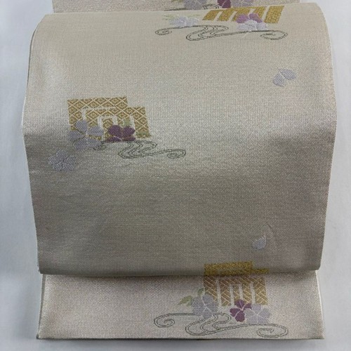 Japanese Silk Fukuro obi Beige Genji-ko incense pattern Cherry blossom ...