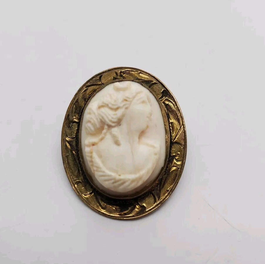 Antique Carved Shell Brooch Cameo Pink Gold Shell Set… - Gem