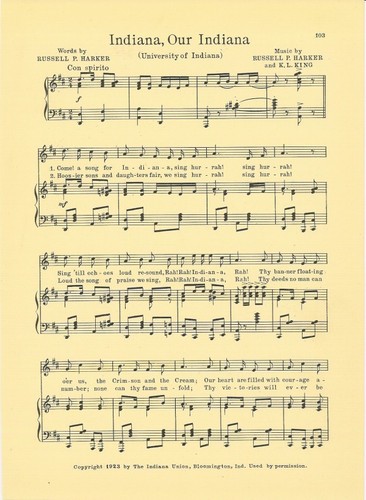 INDIANA UNIVERSITY Vintage Song Sheet c1927 "Indiana, Our Indiana ...